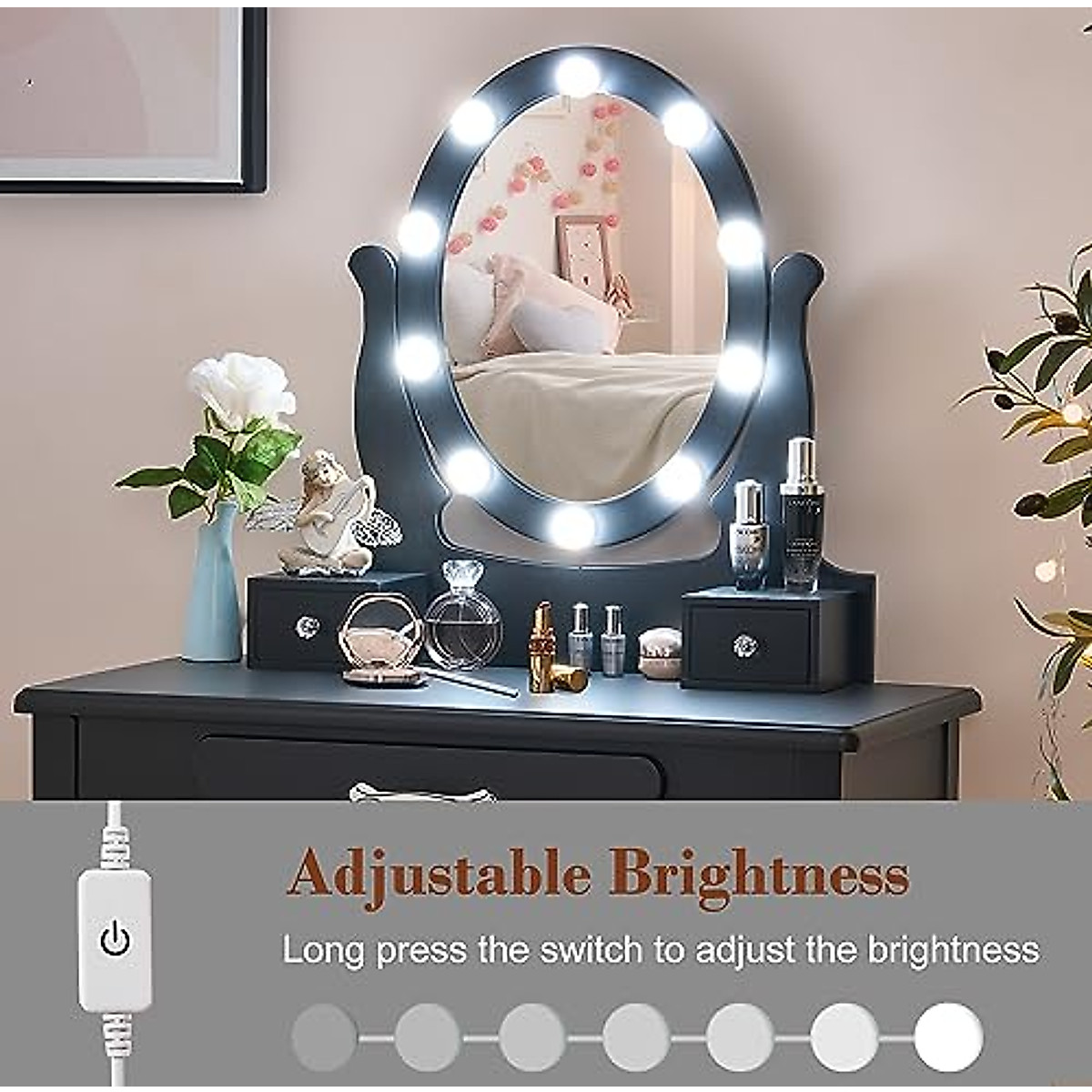ANWBROAD Makeup Vanity Desk Vanity Set with LED Lighted Mirror Makeup Table Set 10 LED Dimmable Bulbs Cushioned Stool 3 Drawers 3 Dividers for Bedroom Makeup Jewellery Storage Set Black UBDT12B