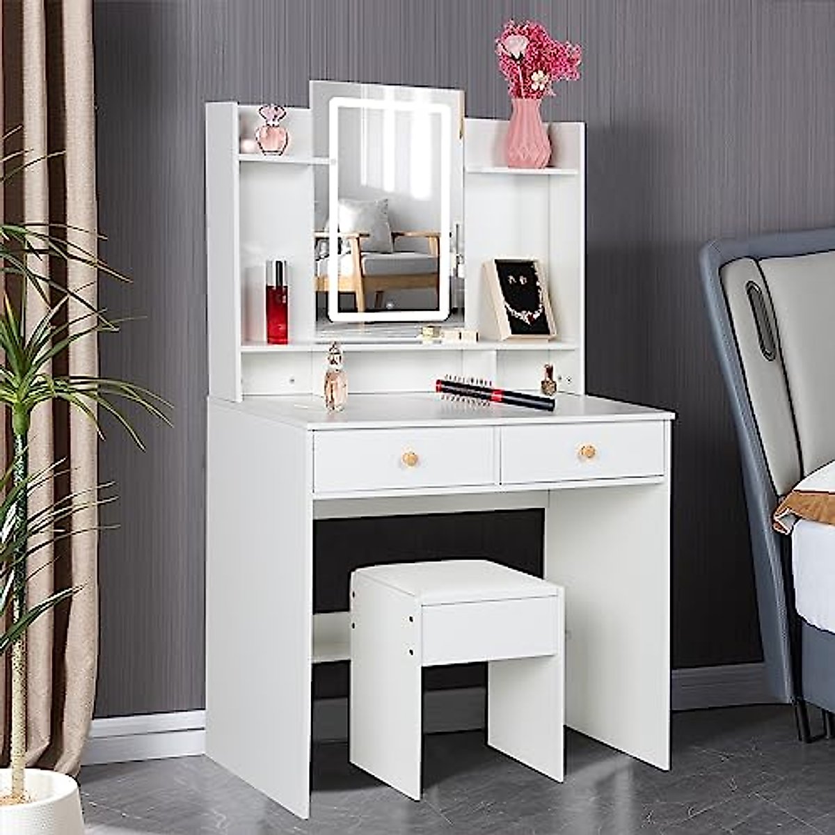 Modern Vanity Table with LED Lighted Mirror, Makeup Vanity Desk with 2 Drawers,Vanity Table Mirror with 3 Color Modes,Multiple Shelves & Cushioned Stool,Dressing Table for Bedroom