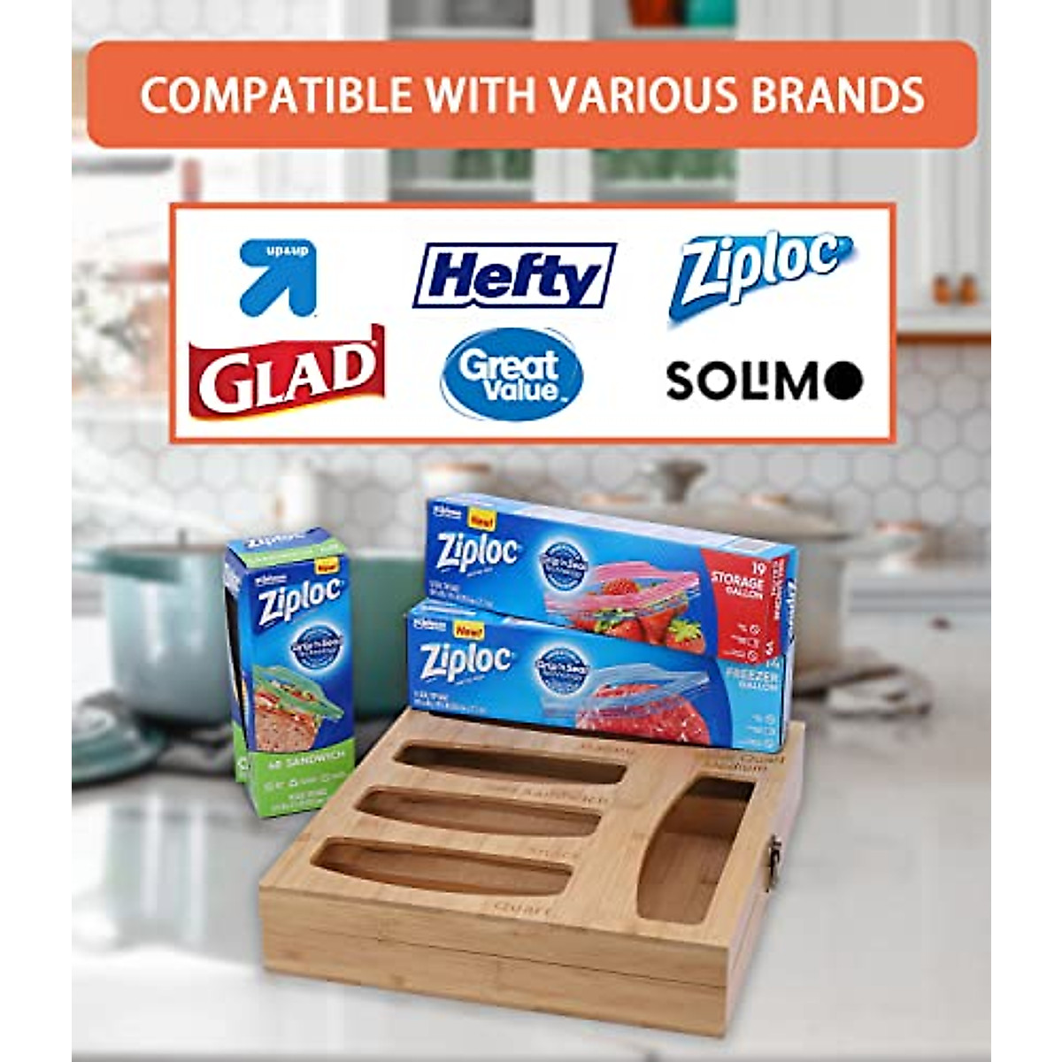 Bamboo Ziploc Bag Organizer - 5 Slots Wall Mount Zip Lock Baggie Storage Organizer for Drawer Kitchen - Compatible With Ziploc | Solimo | Glad | Hefty For Gallon | Quart | Sandwich | Snack Size Bags