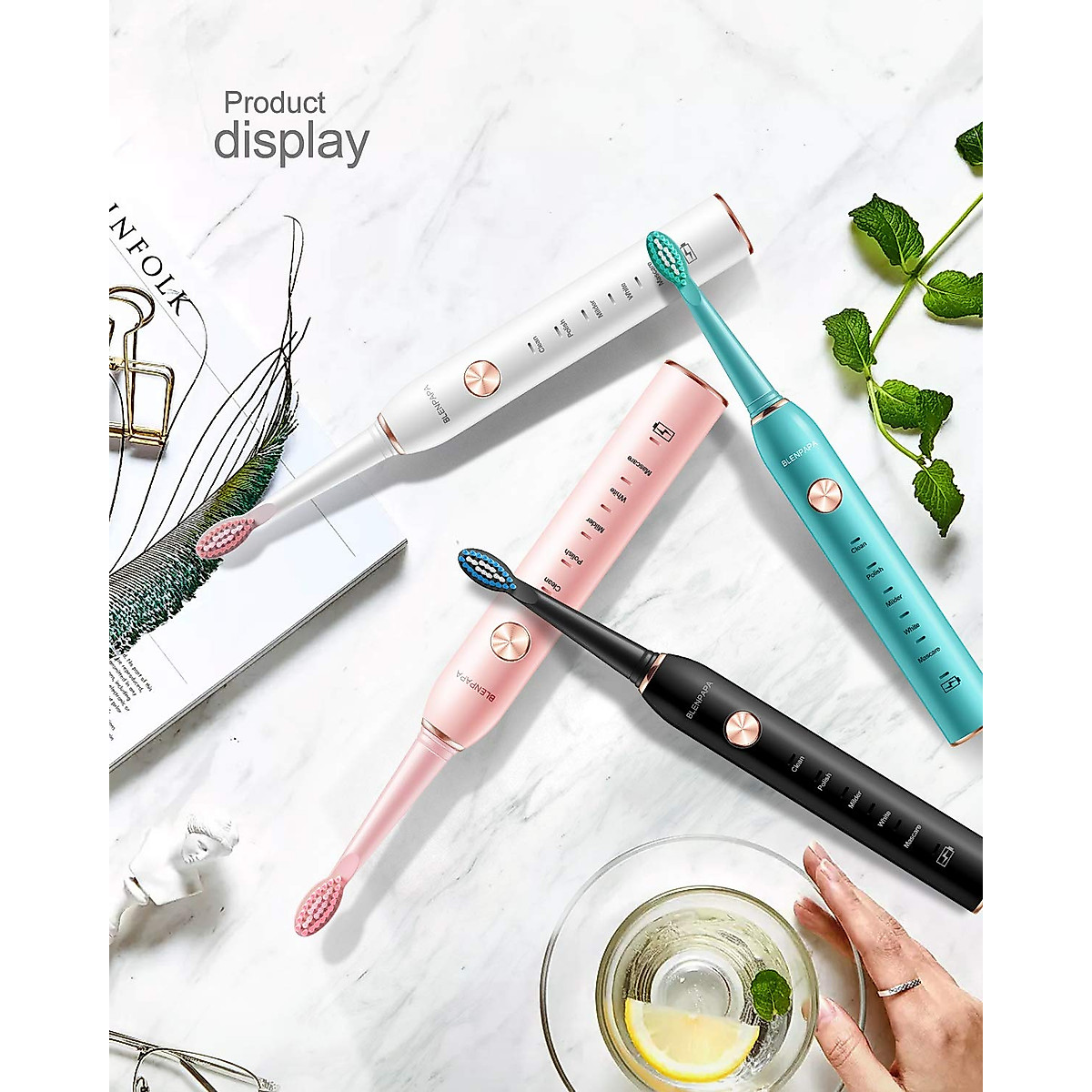 Blenpapa Sonicare Electric Toothbrush for Adults, Smart Cleaning and Whitening, 5 Modes Selection 38000VPM Rechargeable, with Dupant Brush Heads Suitable for Travel, 1 Count, Pink