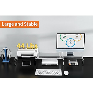 ErgoFocus Acrylic Monitor Stand Riser, Dual Monitor Stand with Adjustable Length and Angle, Clear Monitor Stand for 2 Monitors, 3 Shelf Monitor Stand Riser with Anti-Slip Mat for Computer