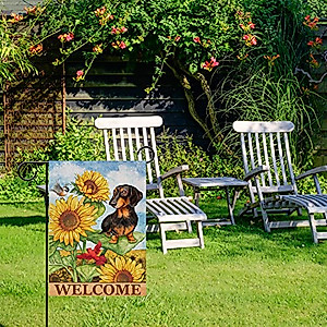 Furiaz Welcome Fall Dog Sunflower Small Decorative Garden Flag, Autumn Puppy Yard Cardinal Chickadee Outside Decorations, Spring Summer Burlap Outdoor Decor Double Sided 12 x 18
