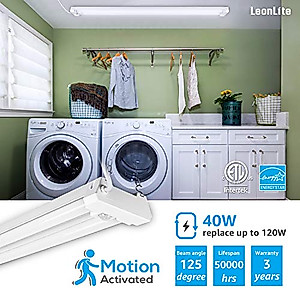 LEONLITE 4FT LED Utility Shop Light, 40W Motion Sensor Plug in Linkable Light Fixtures, 4000lm, 5000K Daylight, Suspension & Flush Mount, for Garage, Workshop, FCC, ES, ETL Certified, Pack of 2