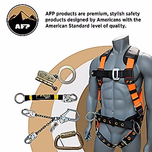 AFP Universal Full-Body Fall Protection Safety Harness w/Dorsal D-Ring Tongue Buckle Legs Hi-Viz Green, Shock Absorbing Lanyard (OSHA/ANSI Rated) (1 Pack, Harness + Single Leg Lanyard w/Snap Hooks)