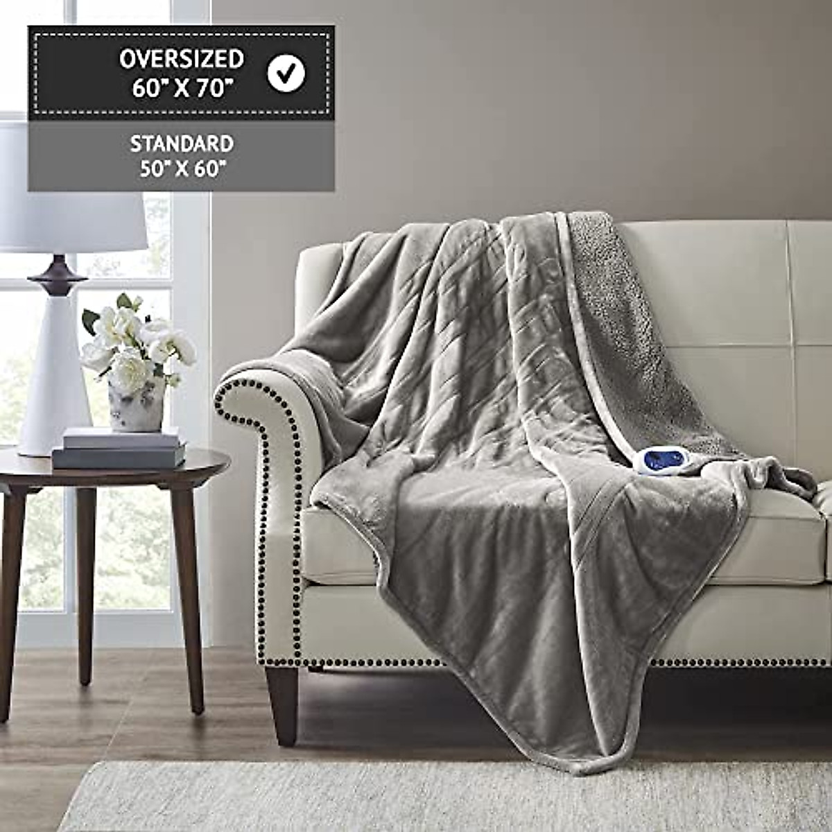 Beautyrest Reversible Microlight to Sherpa Electric Blanket, Auto Shut Off, Virtually Zero EMF, Multi Heat Setting, UL Certified, Machine Washable, Grey Oversized Throw (60 inx70 in)