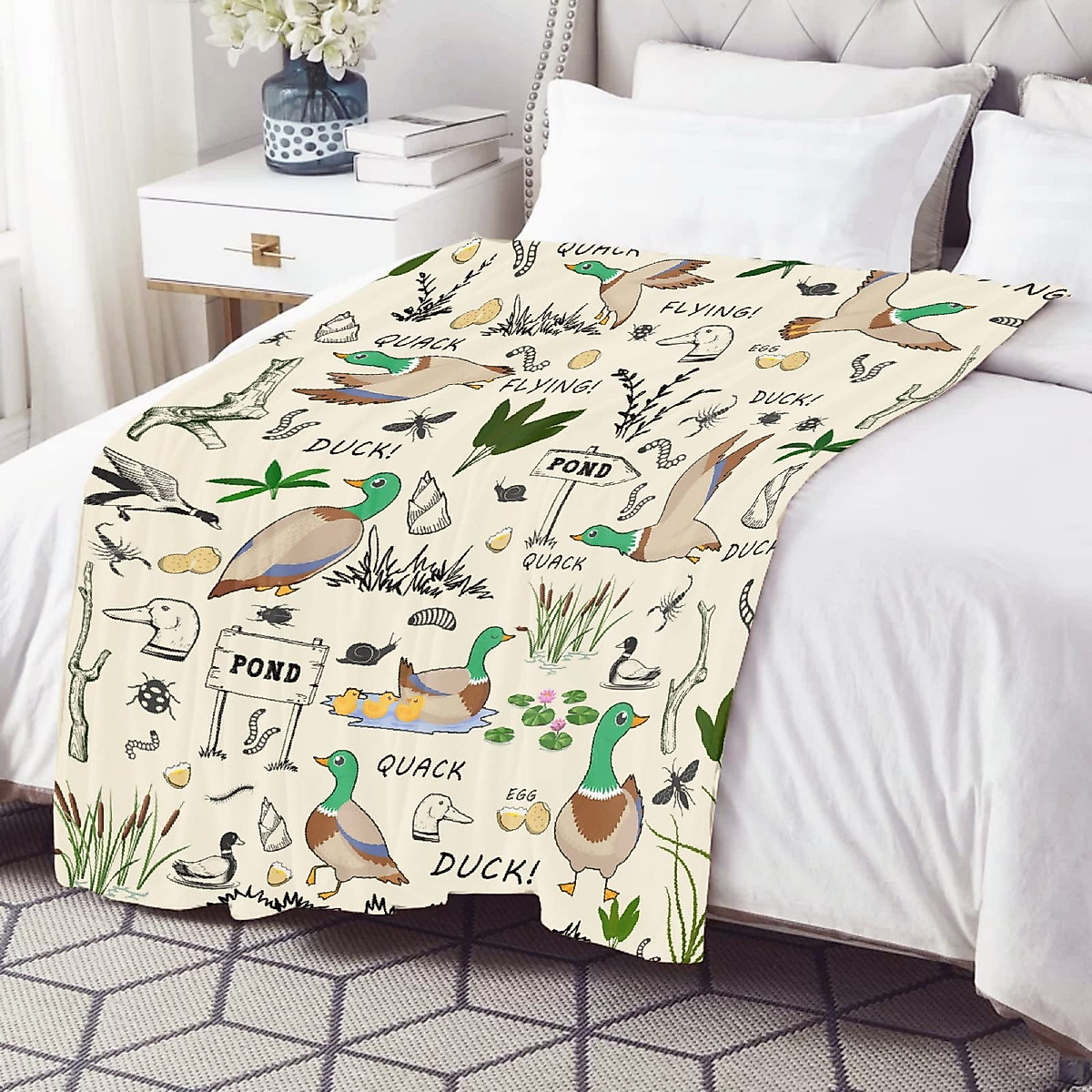Duck Blanket for Kids, Cute Mallard Ducks Gifts, Soft Lightweight Flannel Throw Blanket with Mallard Ducks, Cute Duck Decoration for Bed Bedroom Sofa, 50 in x 40 in