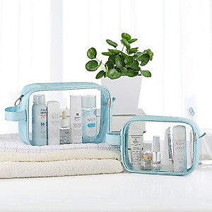 GAGAKU 2pcs Clear Toiletry Bag TSA Approved Travel Toiletry Bags Liquid Bag with Handle Strap, Waterproof Transparent Makeup Cosmetic Bags for Women - Light Blue