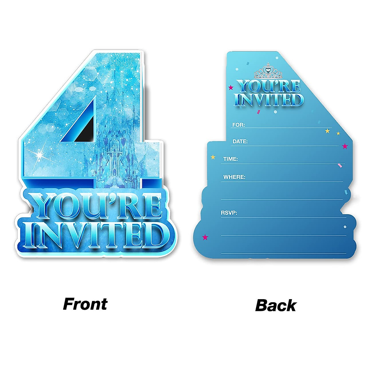 20 Ice Queen 4th Birthday Party Invitations with Envelopes Double Sided Winter Snowflake Shaped Fill-in Invitations Invites for 4 Year Old