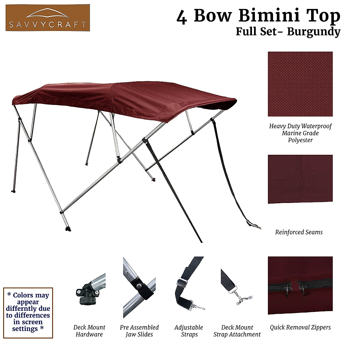 SavvyCraft 4 Bow Bimini Top Boat Cover Burgundy 4 Bow 96" L 54" H 97"- 103" W W/Boot & Rear Poles