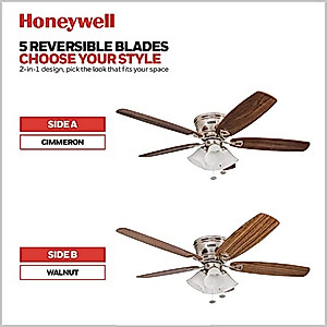Honeywell Ceiling Fans Glen Alden, 52 Inch Classic Flush Mount Indoor LED Ceiling Fan with Light, Pull Chain, Quick-2-Hang Dual Finish Blades, Reversible Motor - 50519-01 (Brushed Nickel)