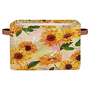 2Pack Large Collapsible Storage Bins,Summer Sunflower Watercolor Decorative Canvas Fabric Storage Boxes Organizer with Handles，Rectangular Baskets Bin for Home Shelves Closet Nursery Gifts