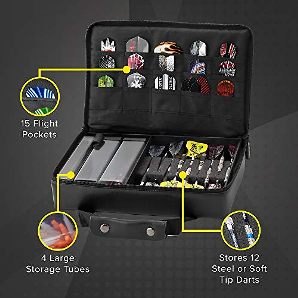 Casemaster The Pro Leatherette Dart Case with Leather-Like Exterior Covering, Holds 9 Steel Tip or Soft Tip Darts with 15 Built-in Pockets for Accessories and Plastic Tubes and Containers for Even More
