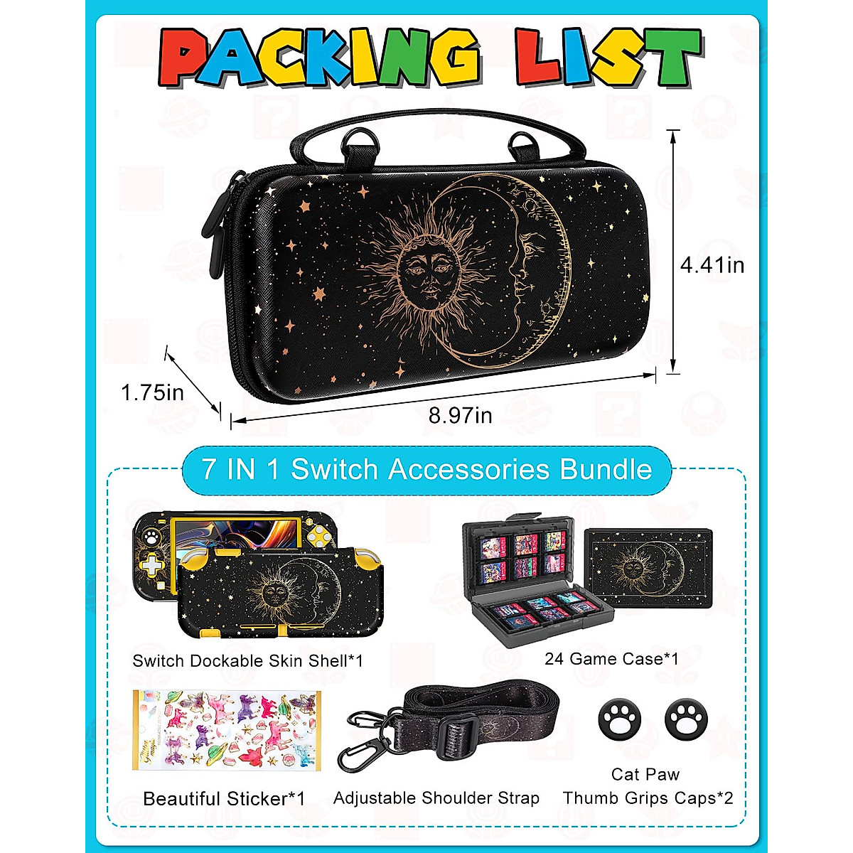 Gurgitat 7in1 Sun Moon Witchy Switch Lite Case for Nintendo Switch Lite Carrying Cases Girly Protective Cover Dockable Skin+Thumb Grips+Game Holder+Shoulder Strap+Sticker for Switch Lite Travel Case