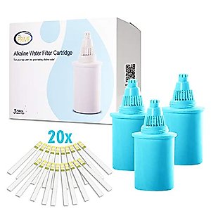 All Prime Alkaline Water Filter Replacement Cartridge- 3 Pack - Includes 20 Alkaline and pH Testing Strips Compatible with Many Models - 6 Stage Alkaline Replacement Water Filter - Water Alkalizer