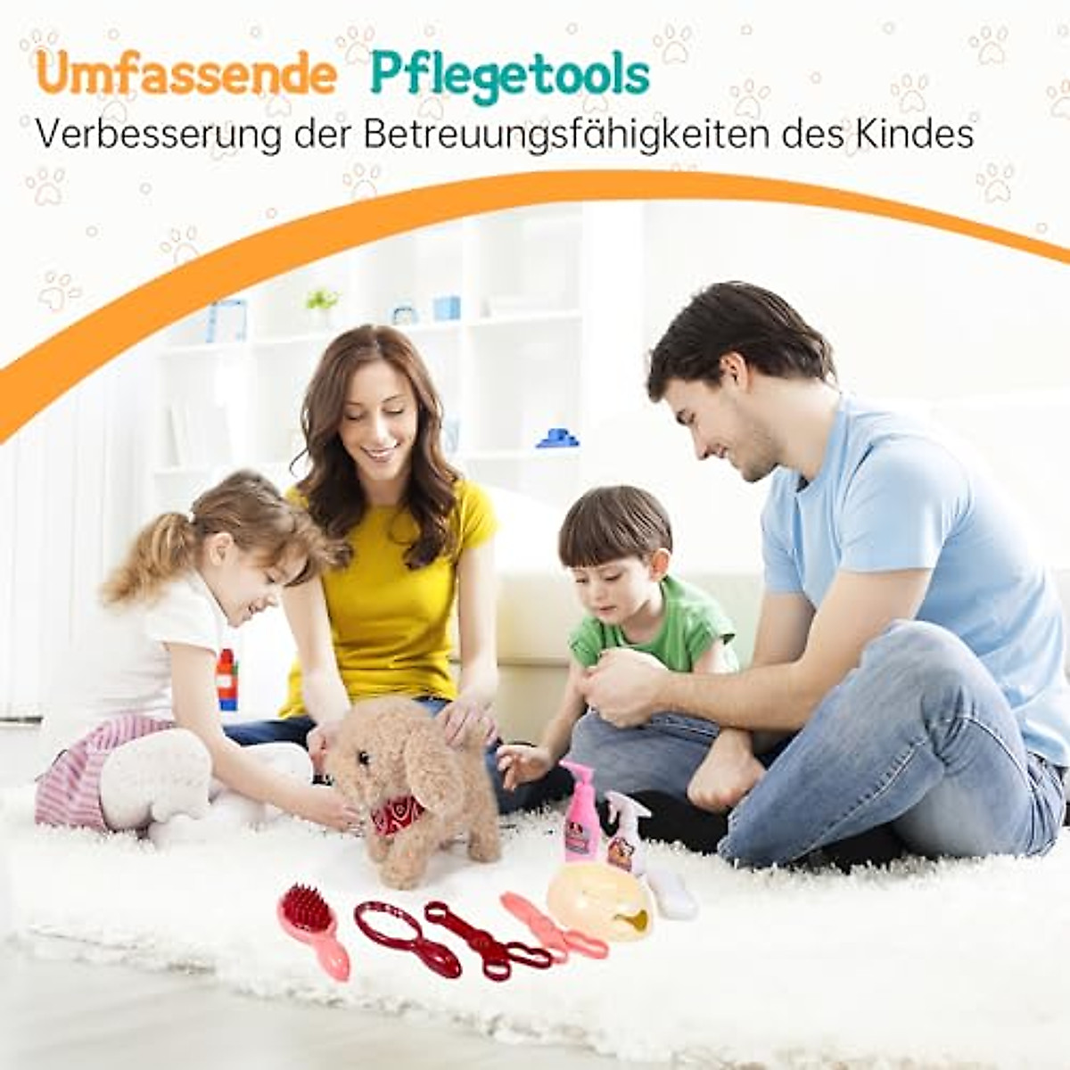 GOBRILLFUN Interactive Plush Puppy Toy with Remote Control - Electronic Stuffed Animal Dog can Walks, Barks & Wags Tail, 10 Pcs Pet Care Playset, Realistic and Fun for 3-6-Year-Old Kids