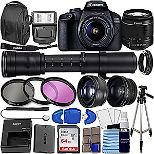 Camera EOS 4000D DSLR (Rebel T100) w/ 18-55mm Lens Kit + 64GB Memory, 420-800mm Super Zoom Lens, Wide Angle Lens, Telephoto Lens, 3PC Filter Kit, Photo Backpack, Tripod + More (34PC Bundle)