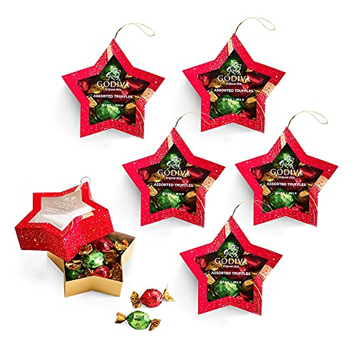 Godiva Chocolatier Holiday Assorted Chocolate Truffles Star Ornaments, Set of 6