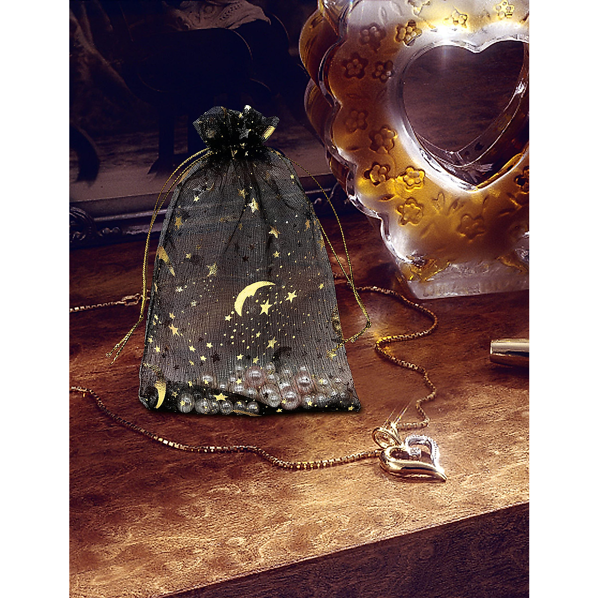 Jexila 100PCS Black Organza Bags 4X6 with Drawstring Jewelry Bags Small Moon Star Mesh Bags for Wedding Party Favor Candy Bags