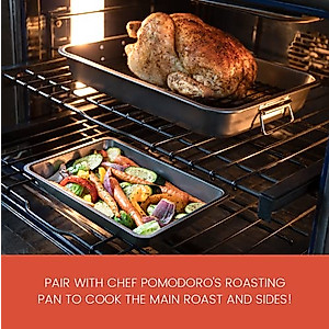 Chef Pomodoro Nonstick Carbon Steel Small Roasting Pan Roaster with Flat Rack, Grey, Bakeware Toaster Oven Countertop Oven Baking, Single Serving (Mini)