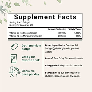 Vitamin D3 10000 iu Plus K2 (MK-7) 200 mcg, 180 Virgin Coconut Oil Softgels| 2 in 1 Vitamins D & K Complex | Supports Calcium Absorption, Bone, Immune, & Heart Health – Easy to Swallow