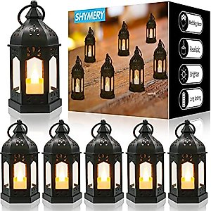 SHYMERY Mini Lantern with Flickering LED Candles,Vintage Black Decorative Hanging Candle Lanterns for Halloween,Wedding Decorations,Christmas,Table Centerpiece,Battery Included（Set of 6）