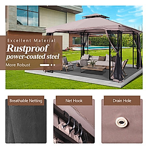 GARTOO 11'x13' Outdoor Patio Gazebo - Porch Gazebo with Polyester Roof & Breathable Netting, Best for Garden, Lawn, Backyard Deck (Taupe)