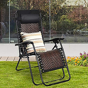 Tangkula Patio Rattan Zero Gravity Lounge Chair, Outdoor Folding Lounge Chair w/Removable Head Pillow, Adjustable Lounge with Widened Armrest & Locking System for Balcony Yard Poolside (2, Coffee)