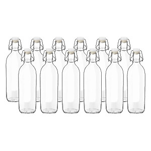 Bormioli Rocco Emilia Swing Top Glass Bottles -Set of 6- Clear Brewing Bottles for Beverages, Oil, Vinegar, Kombucha - Airtight Lid & Lead Proof Cap | 33.75 oz