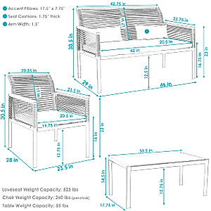 Sunnydaze Coachford 4-Piece Patio Conversation Furniture Set - 1 Loveseat, 2 Chairs and 1 Coffee Table - Thick Blue Cushions