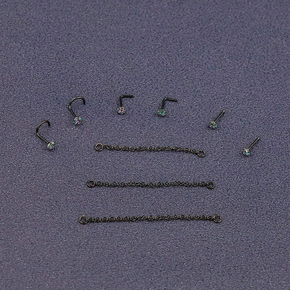 Nose Ring Chain Across Nose Black Stainless Steel Nostril Nose Piercing Chain with Cubic Zirconia Nose Screw Bone L-Shaped Ring for Women Body Piercing Nostril Jewelry with Bridge Chain