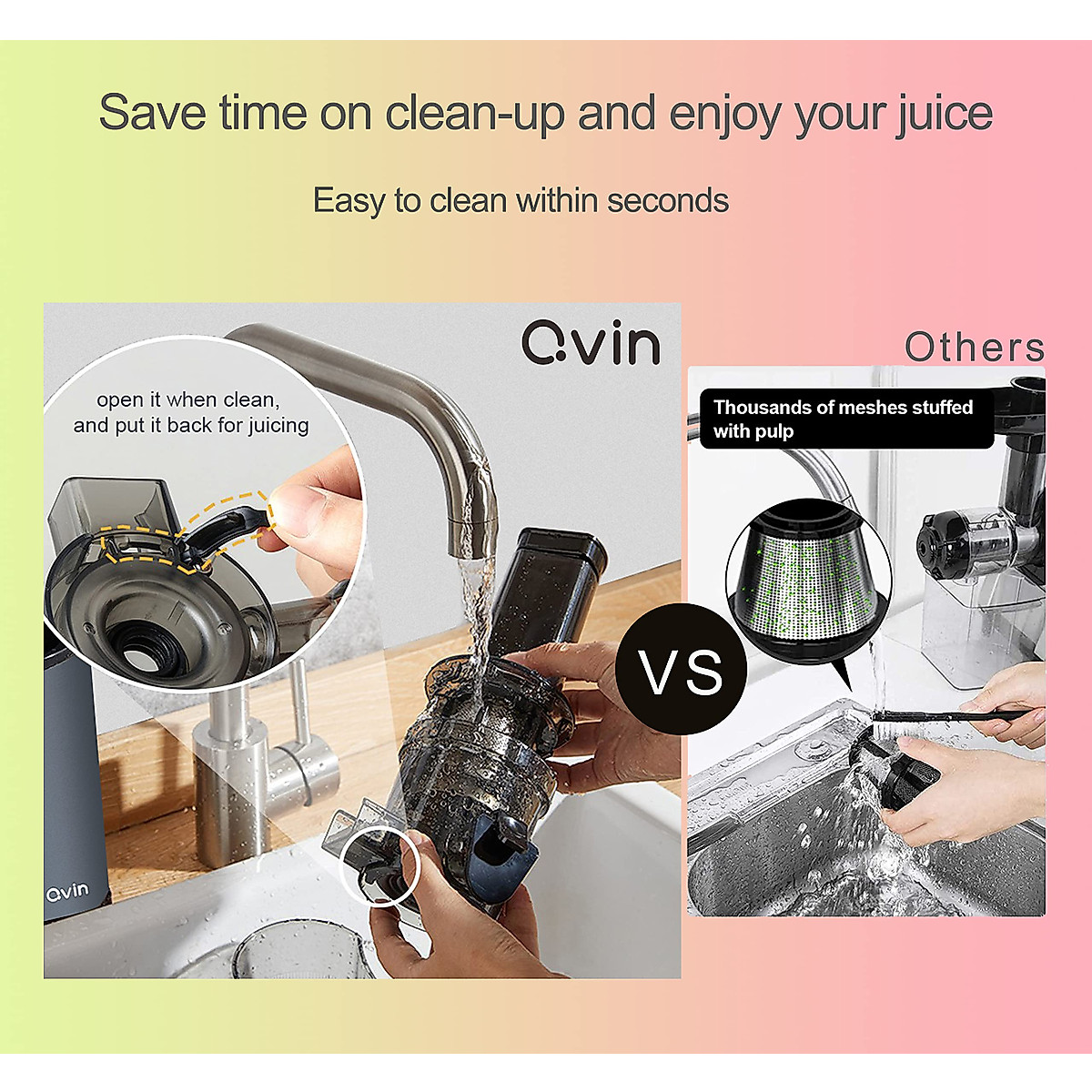 Qvin Compact Slow Masticating Juicer machines 3inch Large Feed Chute, Easy to Clean, BPA Free, 200W Nutritional electrical Cold Press Juicer machine vegetable and fruit,Deluxe Silver-gray