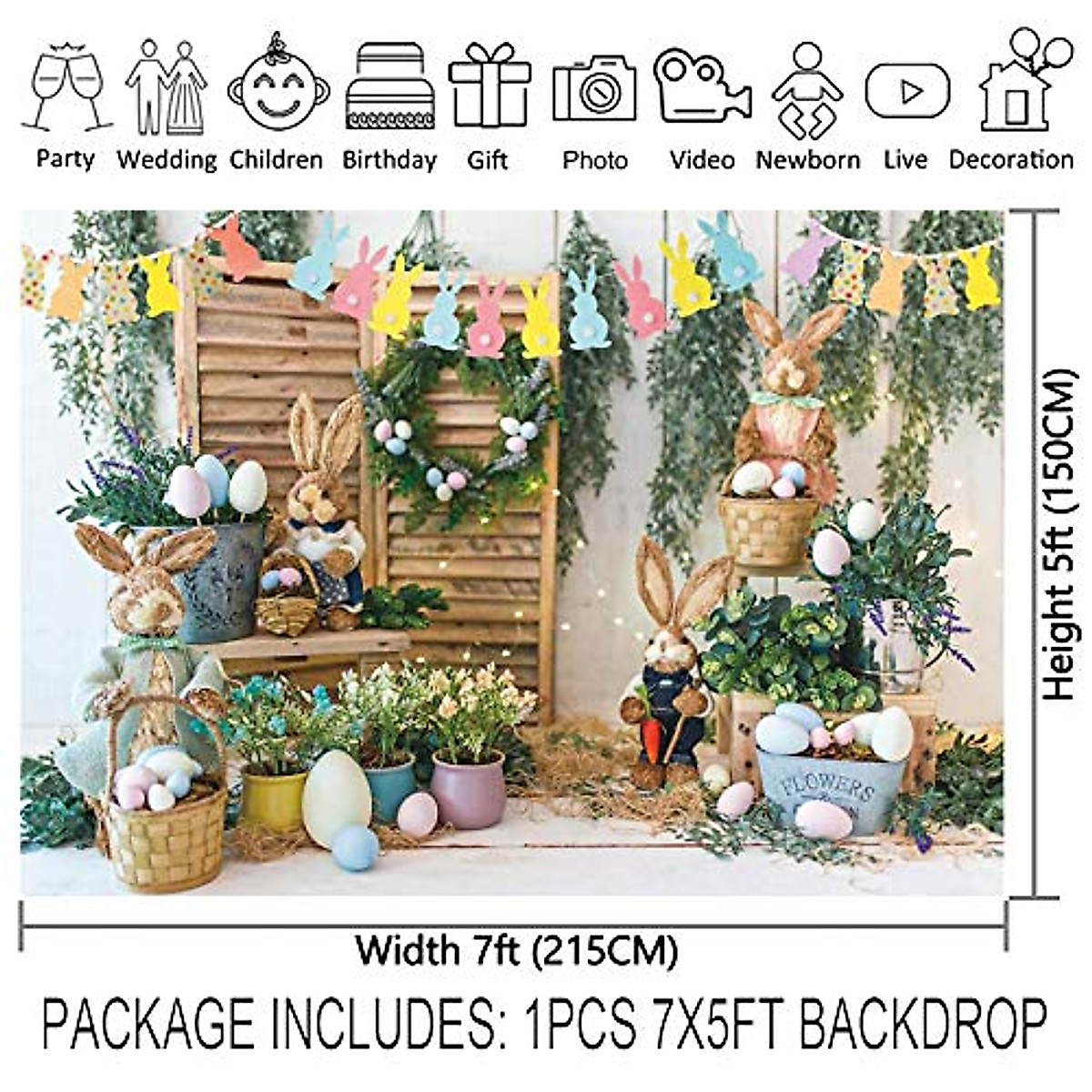 Swepuck 7x5ft Durable Fabric Easter Backdrop Spring Garden Rabbit Decoration Flower Stand Photography Background Bunny Flag Party Supplies Newborn Baby Portrait Photo Booth Props