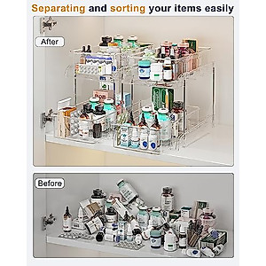 MHHA 2 Sets of 2-Tier Clear Under Bathroom Sink Organizers and Storage, Medicine Cabinet Organizer with Dividers, Pull Out Kitchen Pantry Shelf Cupboard Closet Vanity Organization Bins