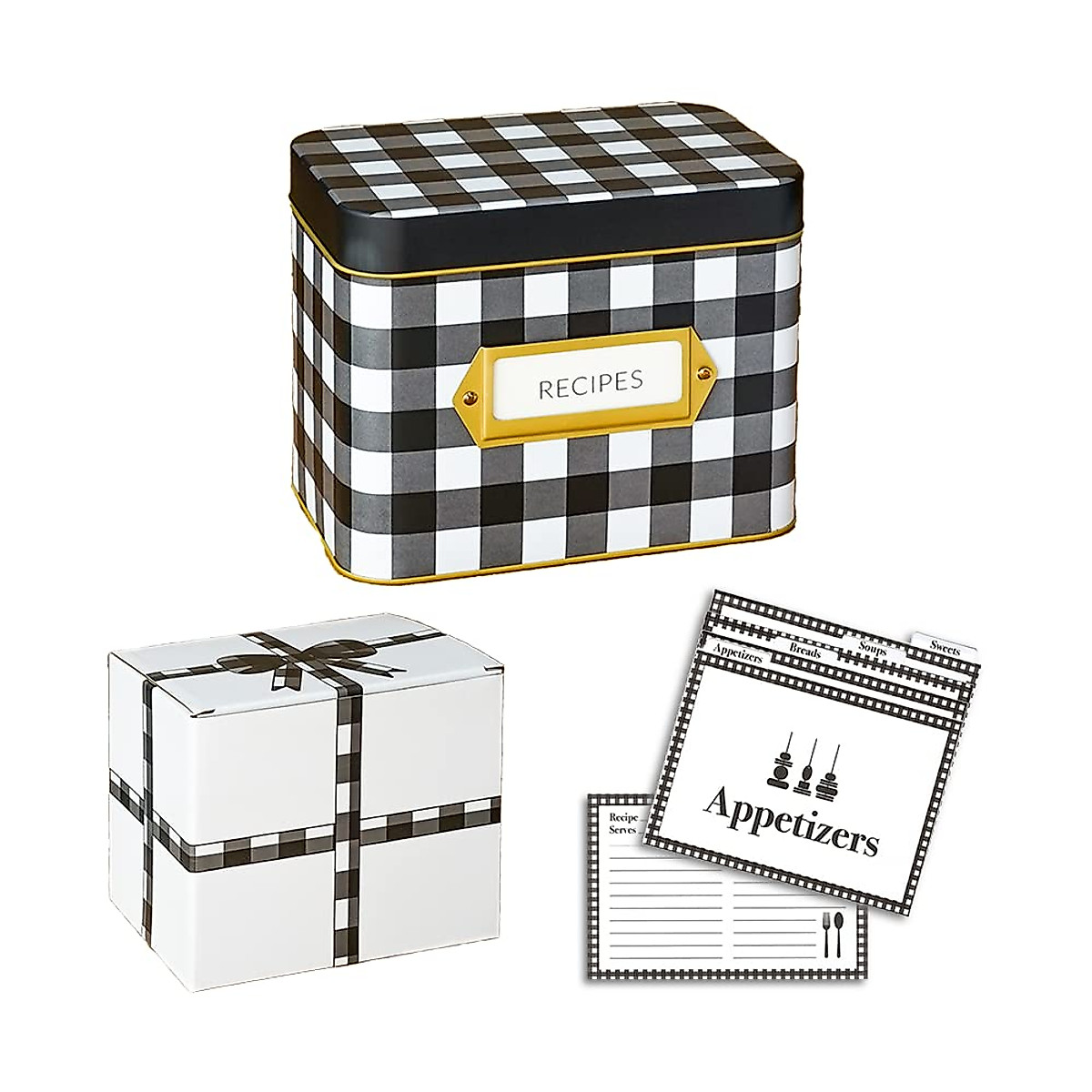 Indigo Essentials Plaid Tin Recipe Box with Cards and Dividers - Black and White Recipe Card Holder, Recipe Card Box and Recipe Cards 4x6, Metal Recipe Box, Decorative Tin Box