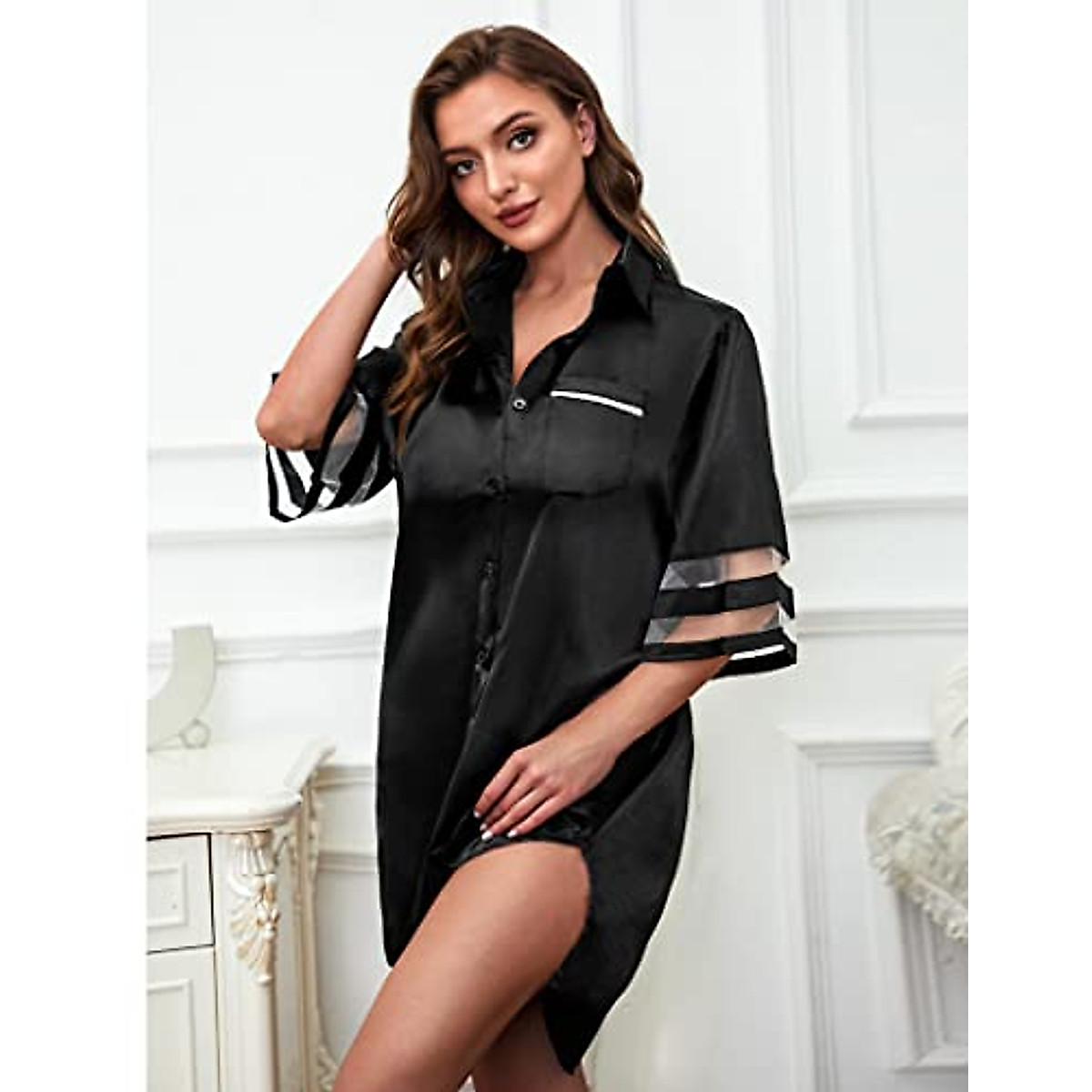 HBZDQB Womens Nightshirts Sexy Silky Sleepwear with Pocket Button Up Long Sleeve Sleepshirt Nightgown Cute Nighty Black M