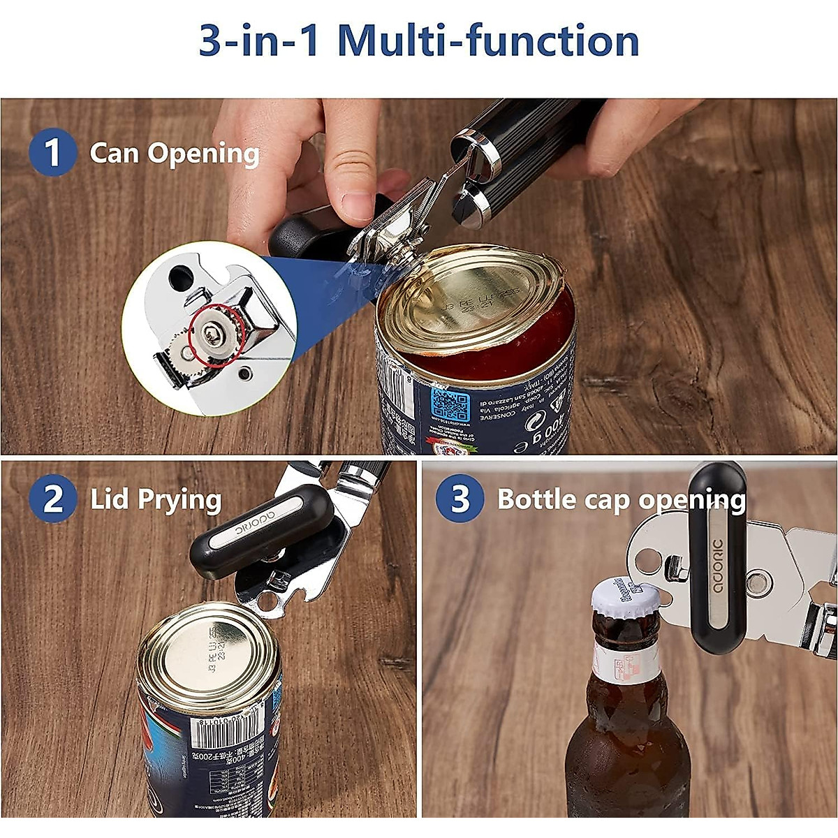 Can Opener Manual, Can Opener Smooth Edge, Food-Safe Multifunctional Can Openers Stainless Steel Manual Can Opener with Non-Slip Handle & Large Knobe, Ultra Sharp Cutting for Seniors with Arthritis