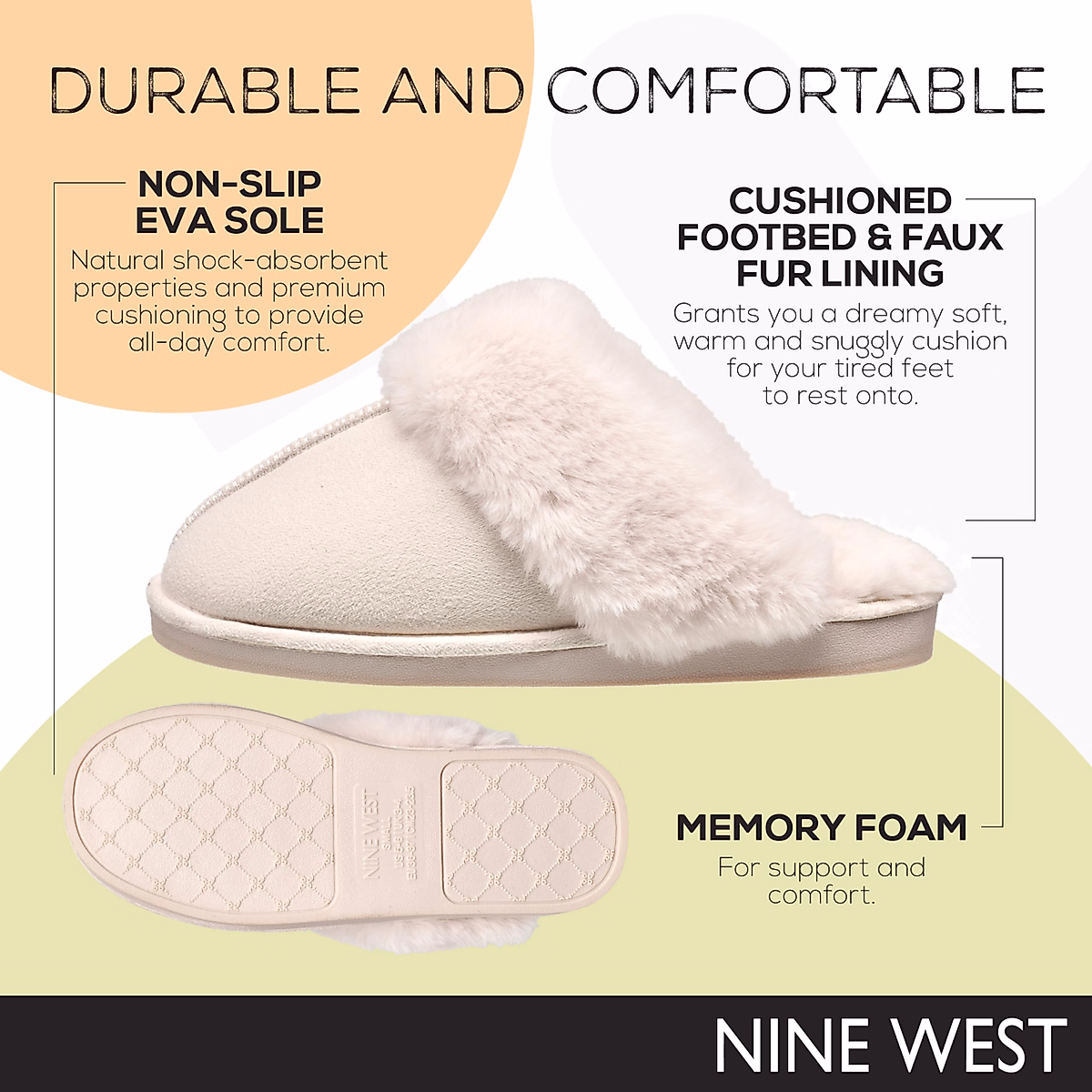 Nine West Scuff Slippers For Women, Extra Soft & Comfortable Winter House Shoes, Ivory, Small 5-6