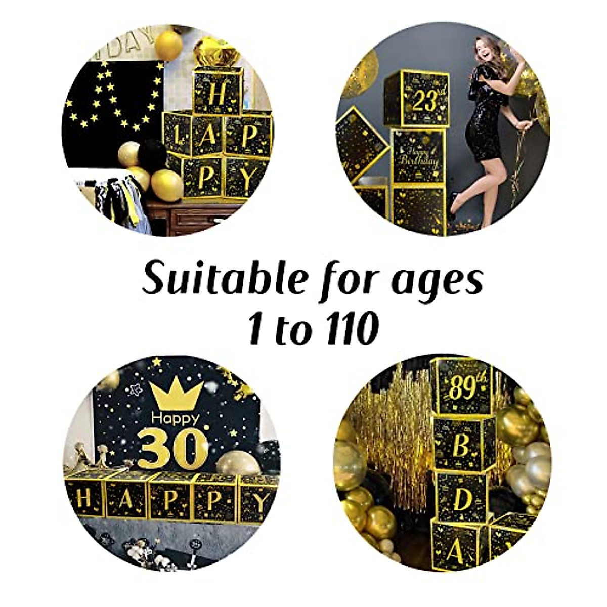 UNIIDECO Birthday Letter Boxes for Party, Black and Gold Birthday Decorations with Number and Letters for 1st 2nd 16th 21th 30th 40th 50th 60th 70th 80th 90th 100th Birthday Decor