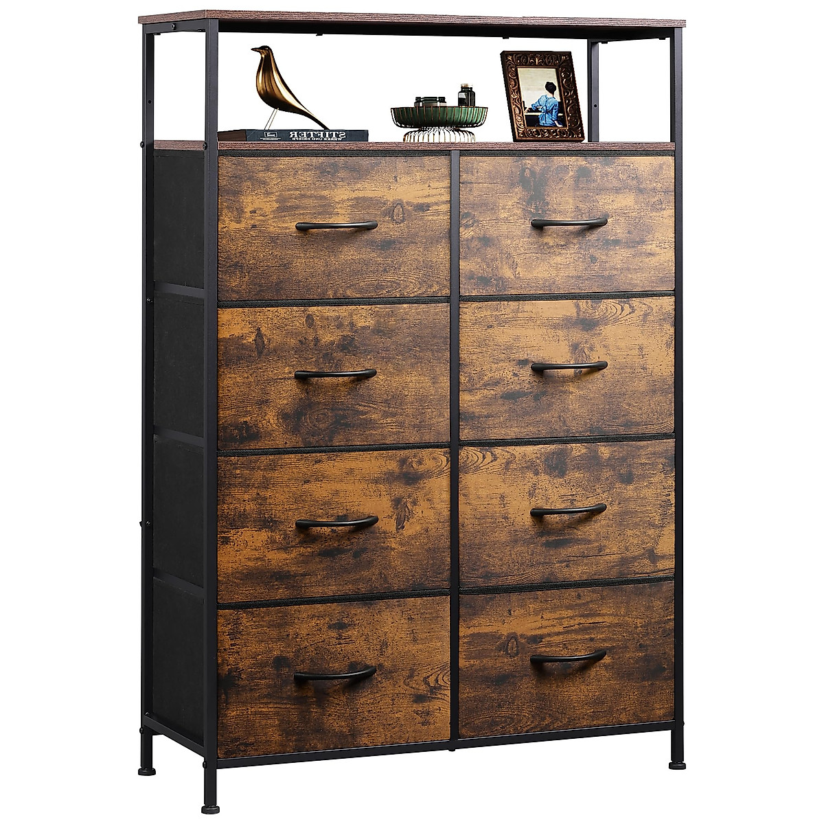 WLIVE Fabric Dresser for Bedroom with Open Shelves, Tall Dresser with 8 Drawers, Storage Tower with Fabric Bins, Chest of Drawers for Closet, Hallway, Rustic Brown Wood Grain Print