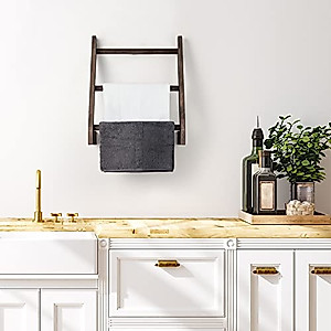 Towel Rack Wall Mounted 3 Tier Wood Hand Towel Holder Shelf Rustic Farmhouse Decorative Towel Ladder for Bathroom Home Kitchen Bedroom (Brown)