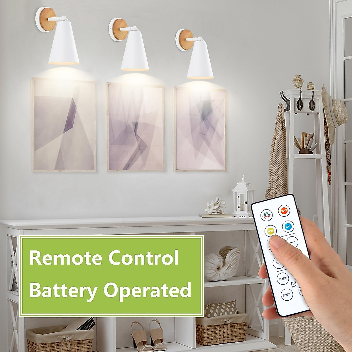 haultop Wooden Battery Operated Wall Sconce with Remote, White Wall Sconces Set of Two, Battery Operated Wall Sconces Set of Two Non Hardwired, Indoor Battery Sconces for Gallery, Bedroom, Corridor