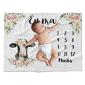 VibeCustom Personalized Baby Milestone Blanket, Monthly Baby Milestone Blanket, Cow Baby Blanket, Milestone Blanket for Baby Boy, Milestone Blanket for Baby Girl, Animal Print Baby Blanket