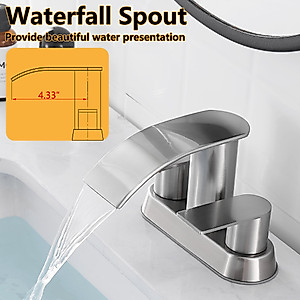 Waterfall Bathroom Sink Faucet 4 Inch Brushed Nickel Faucet Bathroom with Pop Up Drain 2 or 3 Holes Bathroom Basin Lavatory Mixer Tap with Deck Mount Plate