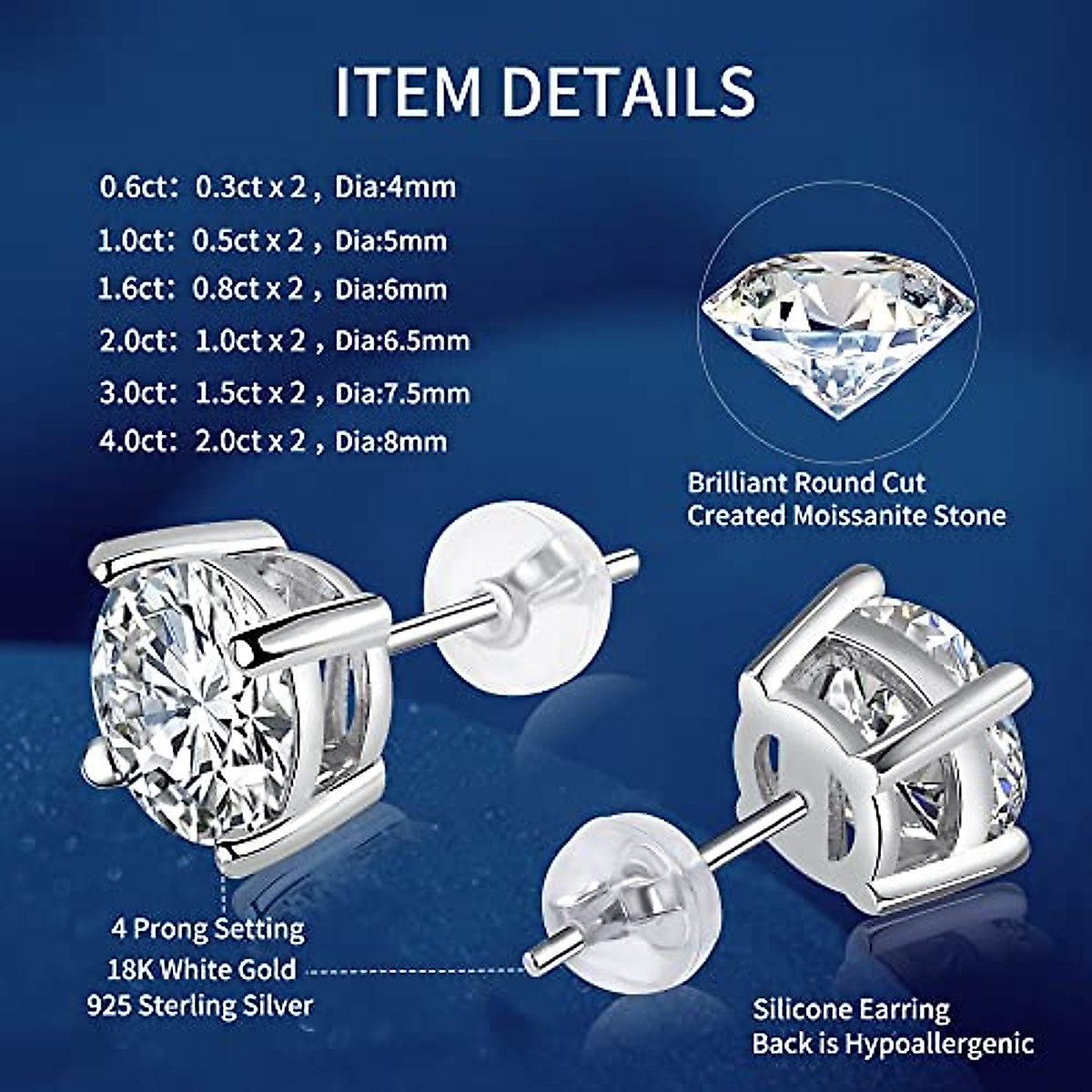 Moissanite Stud Earrings - 0.6ct-4ct D Color VVS1 Clarity Brilliant Round Cut Lab Grown Diamond - 18K White Gold Plated 925 Sterling Silver with Secure Friction Backings - Stylish Diamond Earrings with Square Gift Box