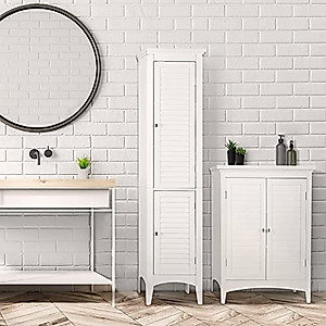 Elegant Home Fashions Glancy Linen Tower Freestanding Cabinet Tall Narrow Bathroom Kitchen Living Room Storage with 2 Shutter Doors 5 Tier Shelves, White, Standard
