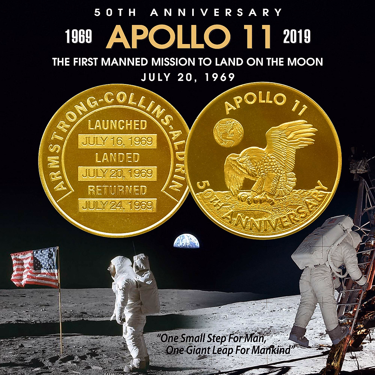 Apollo 11 50th Anniversary Commemorative NASA Robbins Medallion Tribute Coin clad in 24K Gold with Capsule