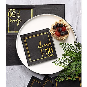 Cheers to 50 Years Cocktail Napkins - 50PK - 3-Ply 50th Birthday Napkins 5x5 Inches Disposable Party Napkins Paper Beverage Napkins for 50th Birthday Decorations Wedding Anniversary Black and Gold