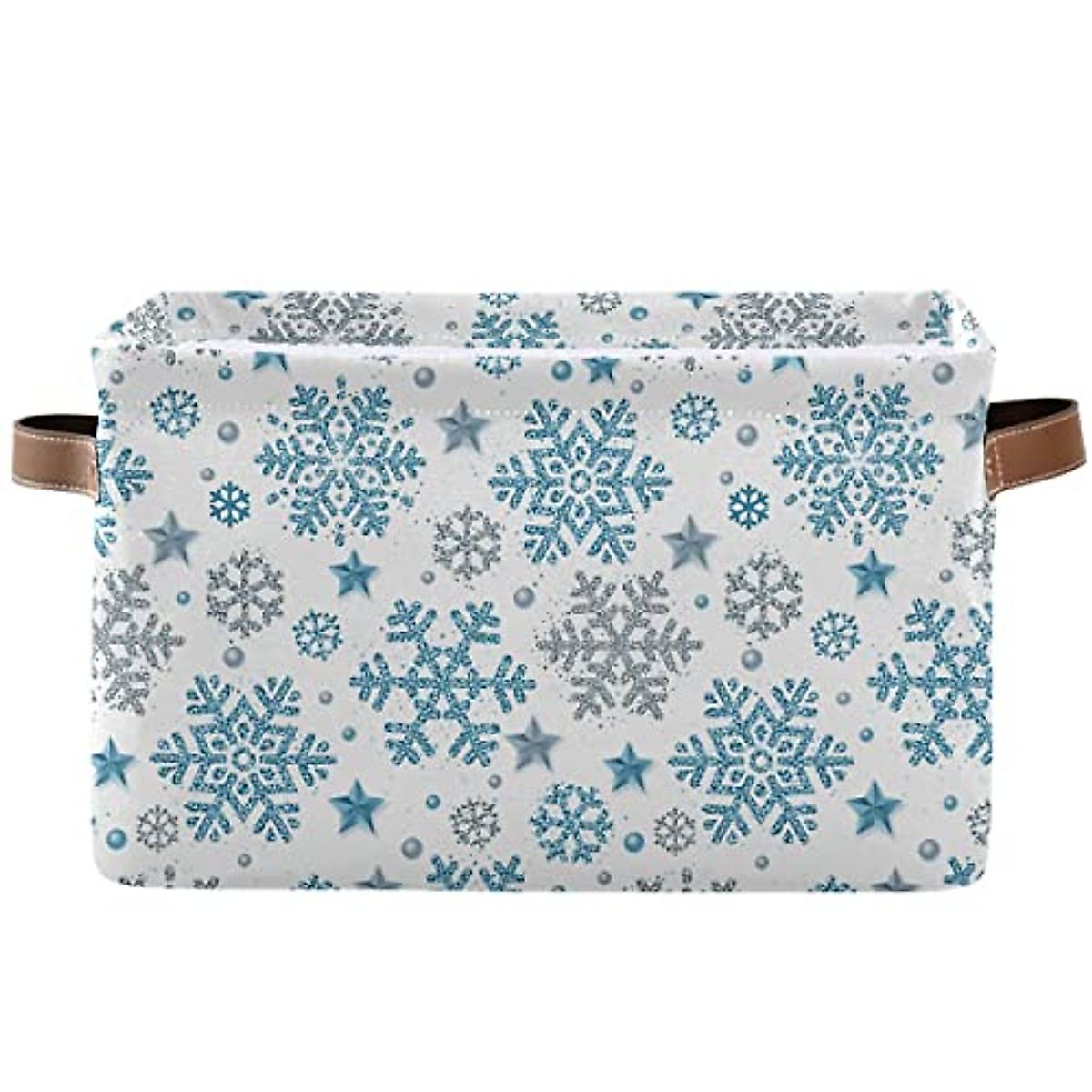 Winter Snowflake Blue Sliver Storage Basket Fabric Laundry Baskets Christmas Bells Xmas Snowman Storage Boxes Organizer Bag for Baby Cloth Dog Toy Book Storage Cubes Shelf Closet Bins 16×12×8 Inches