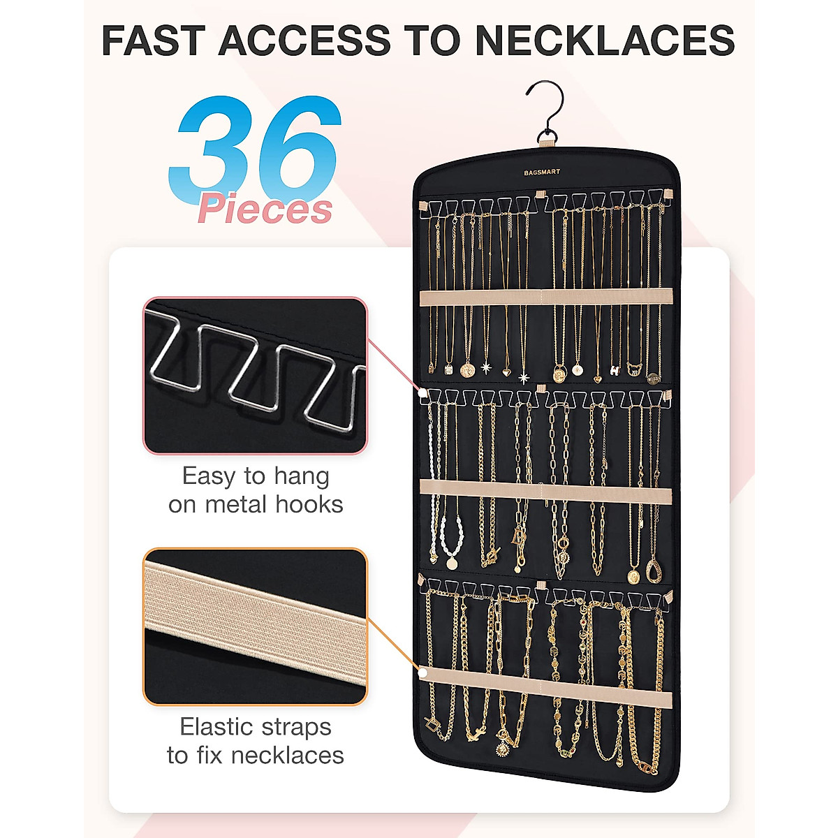 BAGSMART Hanging Jewelry Organizer, Necklace Holder Anti-tangle Earrings Rings Hanger with 20 Jewelry Bags Travel Storage Roll with Pockets Hang on Closet, Wall, Door,1 Piece, Large, Black