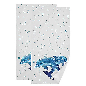 Oreayn Cute Dolphins Bubbles Hand Towel for Bathroom Kitchen Beach Polyester Cotton Set of 2 Cute Dolphins Fingertip Towel Soft Absorbent 28.3 x 14.4 Inch Watercolor